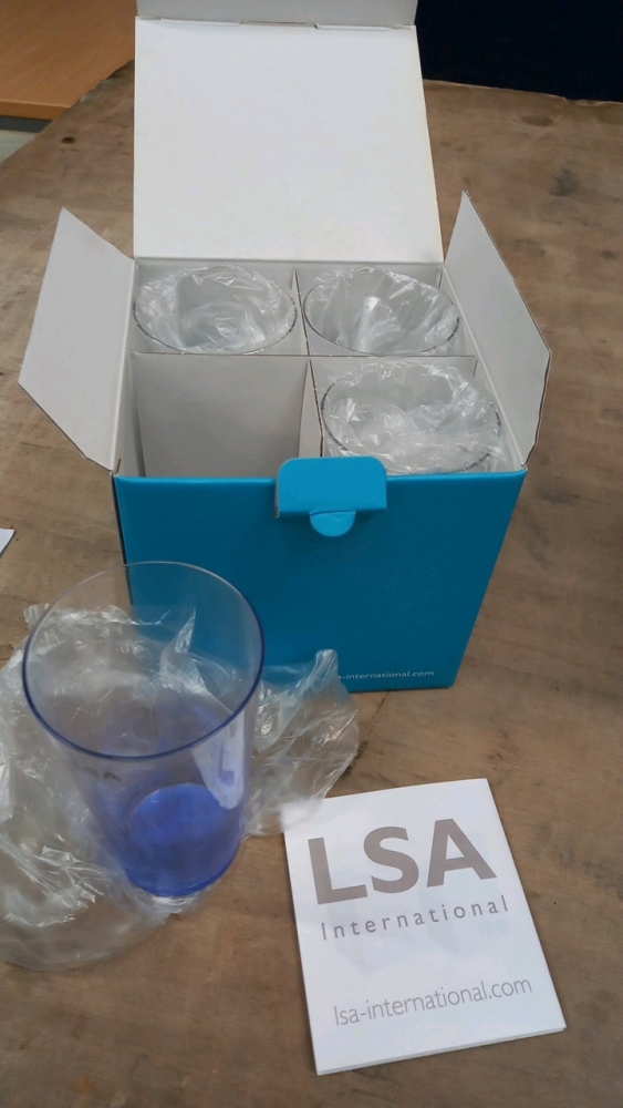 1 box, 4 glasses in each, 4 x new LSA International blue base high ball ...
