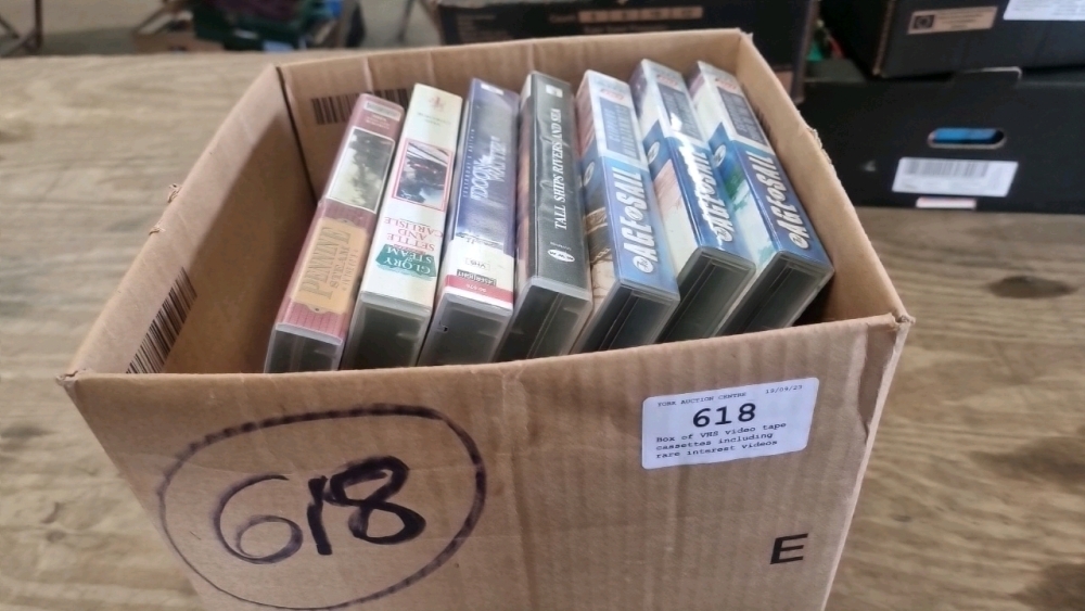 Box of VHS video tape cassettes including rare interest videos ...