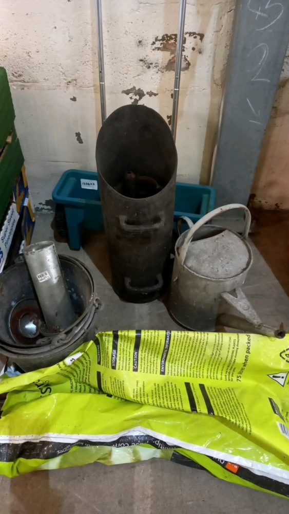 Galvanised buckets and watering cab, coal scuttle, drain rods, seed ...