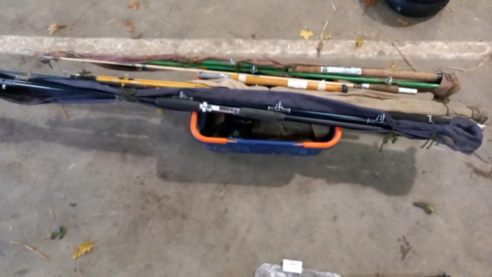 5 Fishing rods, 4 Beach casters and 1 boat rod, including reels gaff ...