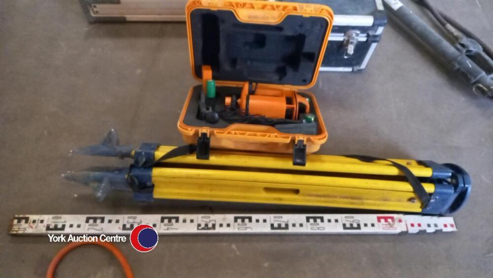 Laser level with tripod legs and staff | York Machinery Sale (Building ...